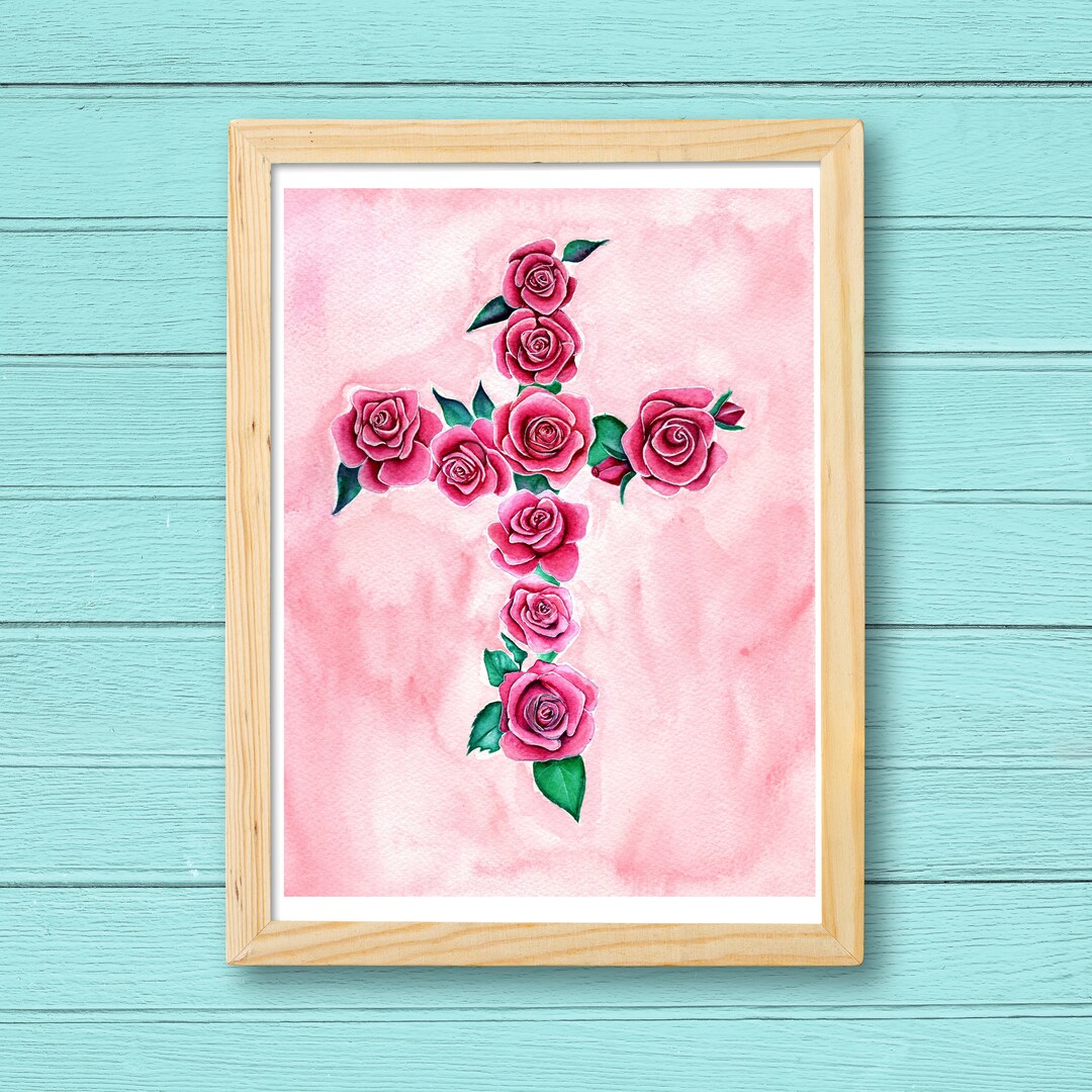 Christian Cross With Roses Art Print: Pink Floral Scripture Inspired ...