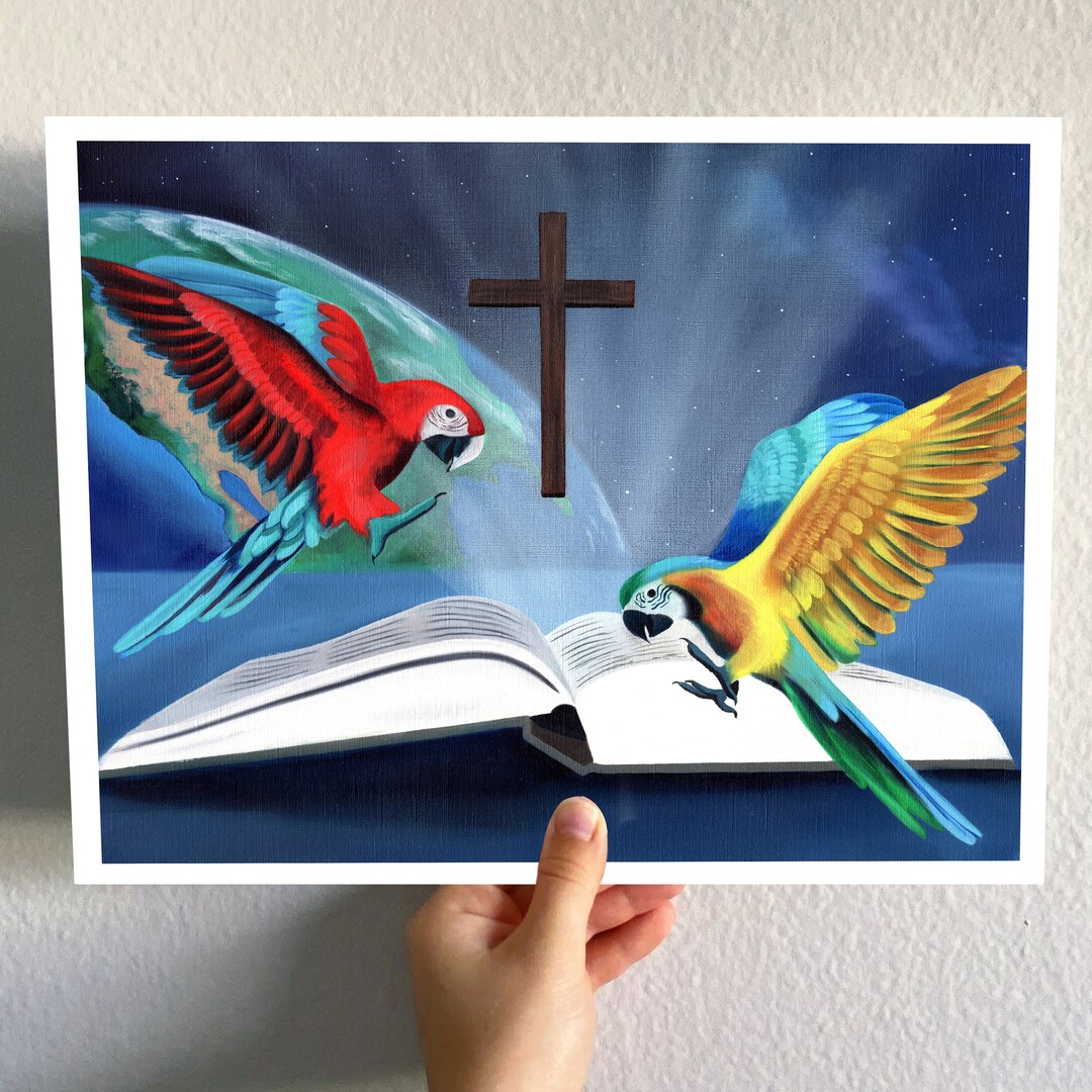 Parrots Flying Over the Earth With Bible and Cross Art Print| Christian ...