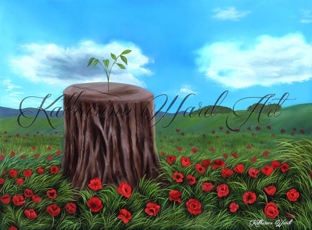 Tree Stump in Red Flower Field Art Print: Isaiah 11 Christian Faith ...