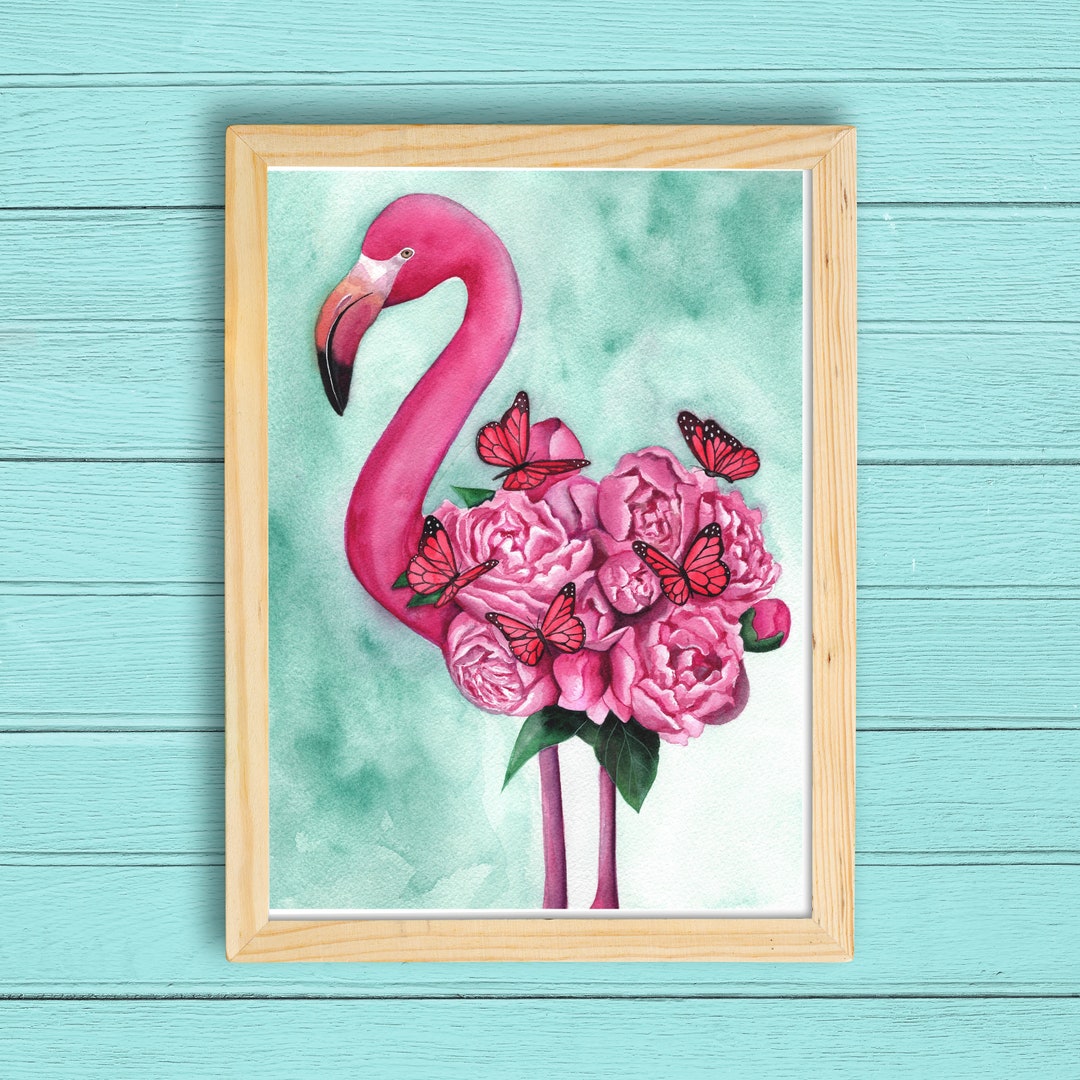 Flamingo With Pink Flowers Butterflies Watercolor Art Print | Christian ...