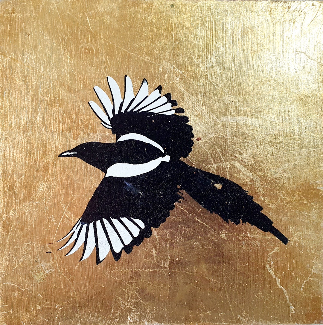 Magpie on Gold Leaf - Etsy
