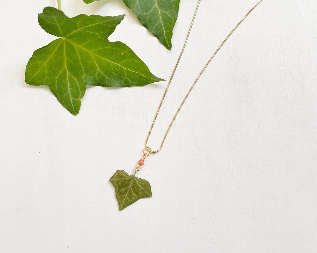 Pressed Ivy Leaf Necklace - Real Green Ivy Leaf and Orange Bead on Gold ...