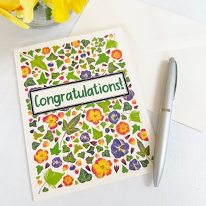 Congratulations Card - Printed Real Pressed Flowers and Ivy Leaves ...