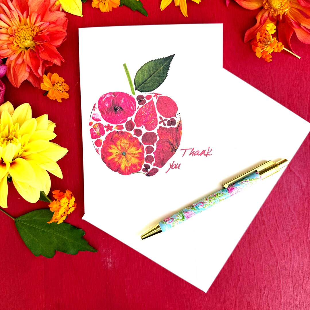 Apple Thank You Card - Printed Pressed Flowers in the Shape of a Red ...