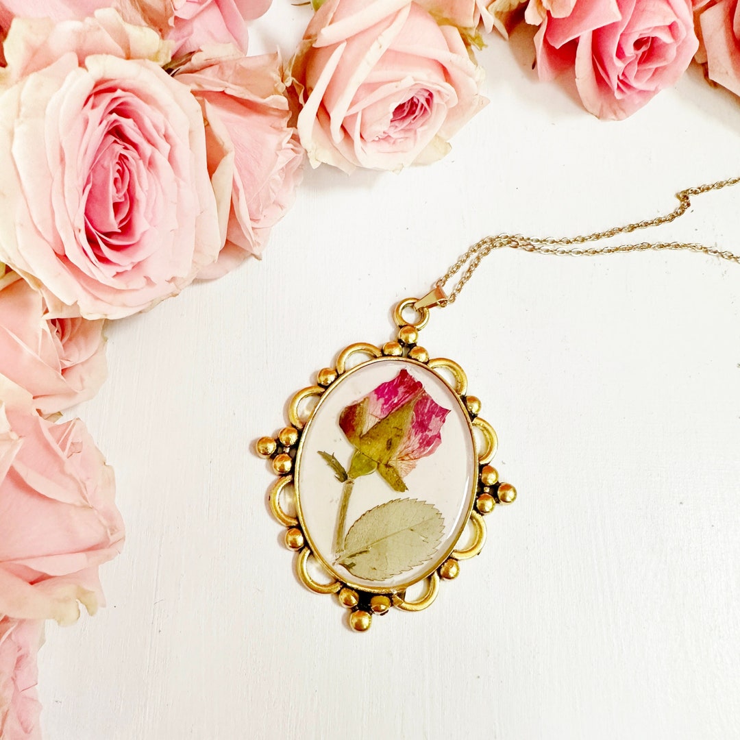 Romantic Rose Necklace - Real Rose in Golden Pendant on Chain ...