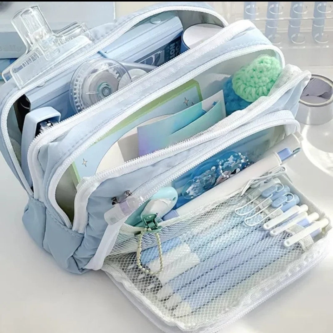 Ice Blue Large Capacity Pencil Bag Aesthetic School Cases Girl Korean ...