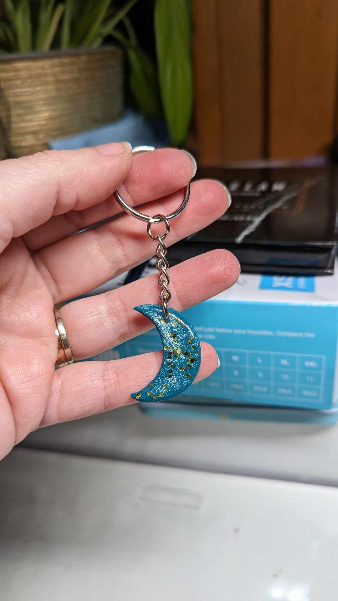 Turquoise Moon Key Ring With Gold Glitter in Polymer Clay and Epoxy ...