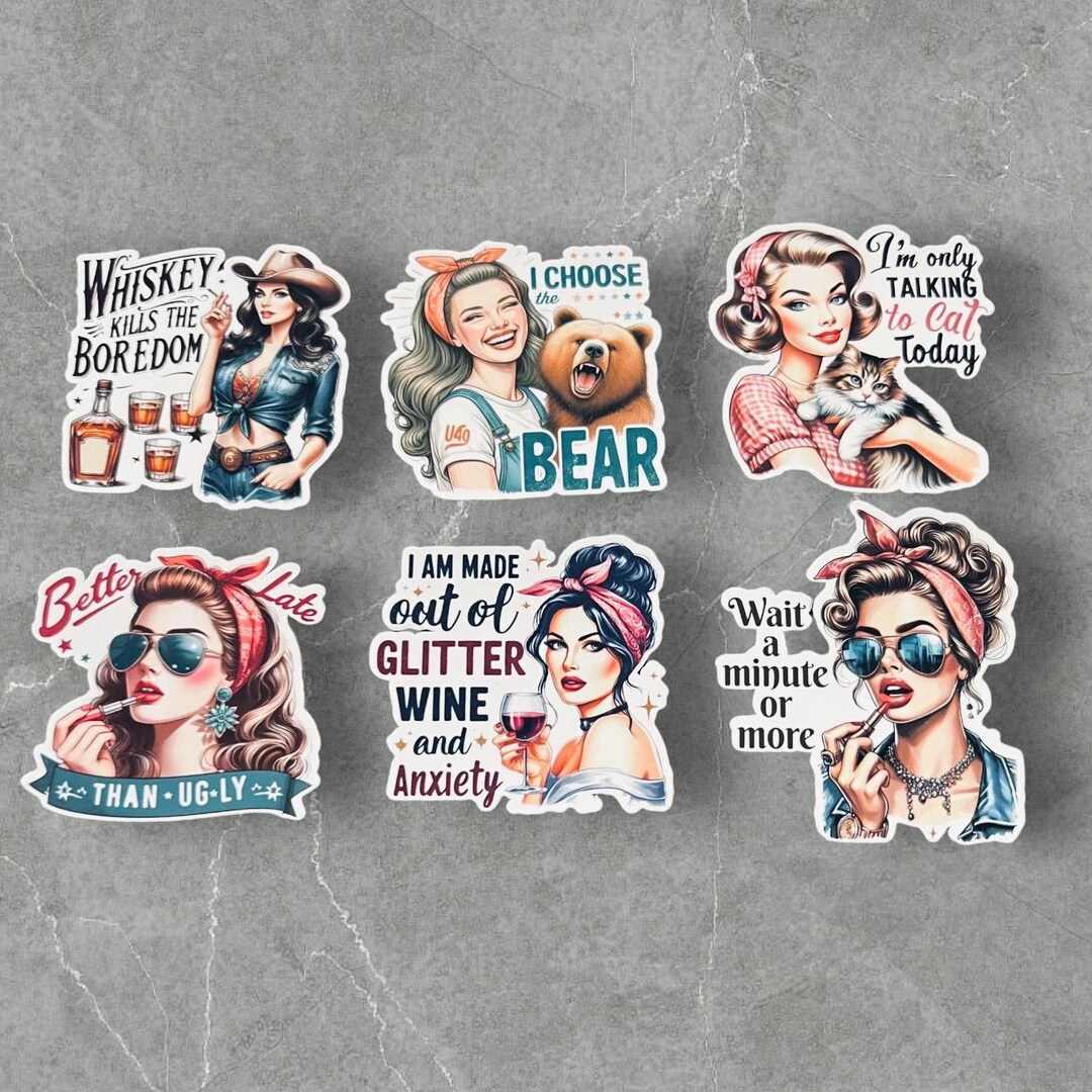 Retro Girl Sticker Set: Sassy Vintage Decals (6pcs) - Etsy