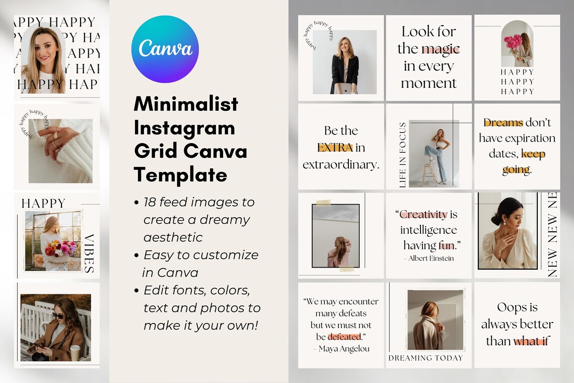 Minimalist Instagram Grid Canva Template of 18 Post Images Modern ...
