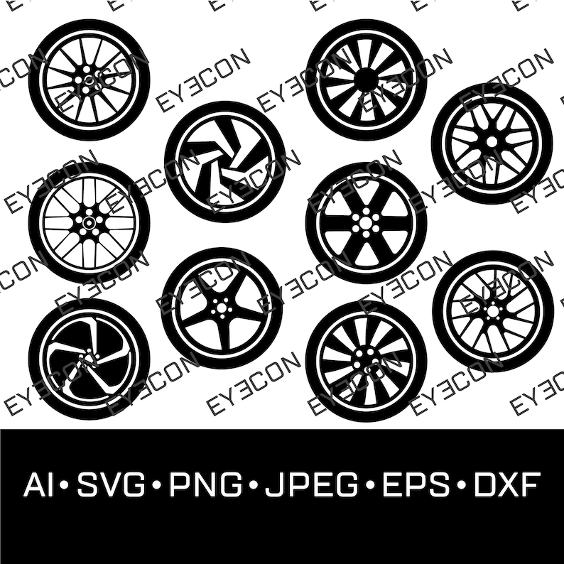 TIRE & RIM Car Set of 10 - Vector Cricut Silhouette File Ai Svg Pdf Eps ...