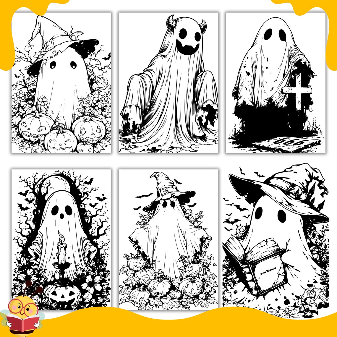 Spooky Ghost Coloring Pages, Cute Halloween Coloring Book, PDF & PNG ...