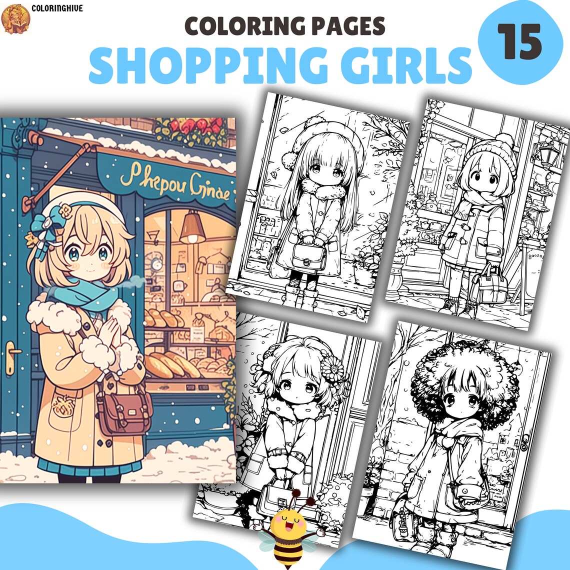Shopping Girls Coloring Pages, Coloring Book for Kids, PDF & PNG ...