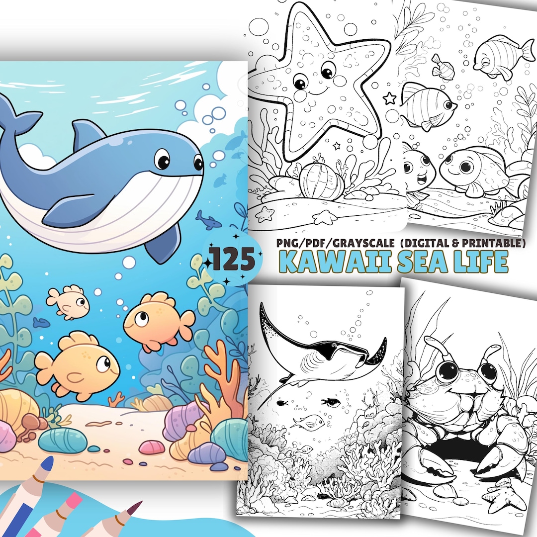 125 Sea Coloring Pages, Cute and Kawaii Coloring, Ocean Animals ...