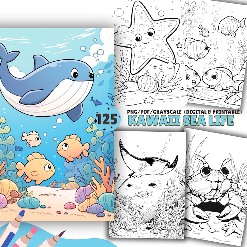 125 Sea Coloring Pages, Cute and Kawaii Coloring, Ocean Animals ...