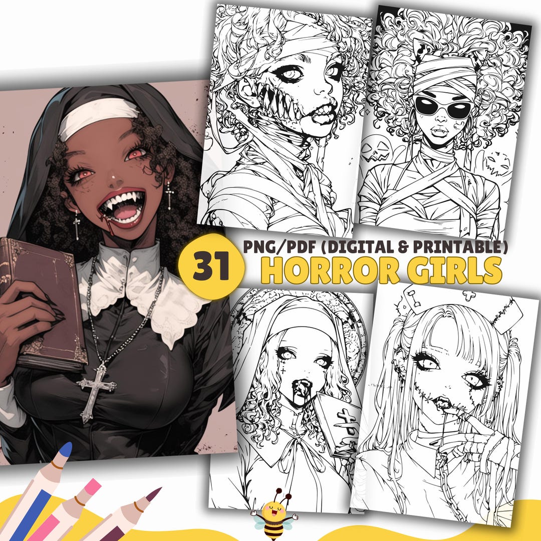 Horror Girls Halloween Coloring Pages, Coloring Book Girls, Scary, PDF ...