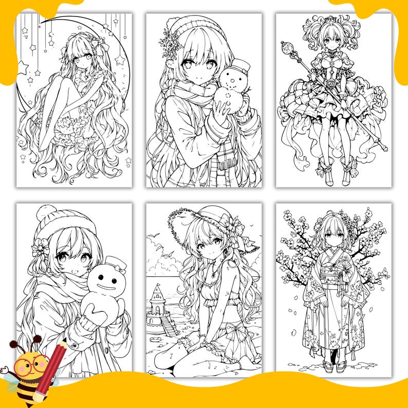 Cute Anime Girls Coloring Pages, Coloring Book, PDF & PNG, Digital and ...