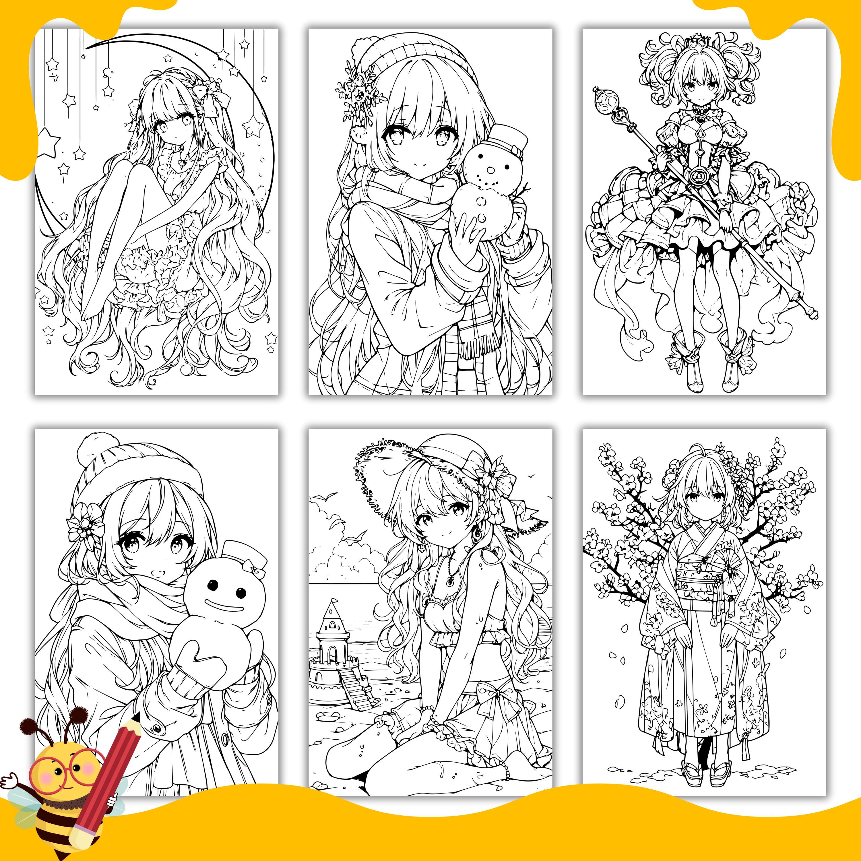 Cute Anime Girls Coloring Pages, Coloring Book, PDF & PNG, Digital and ...