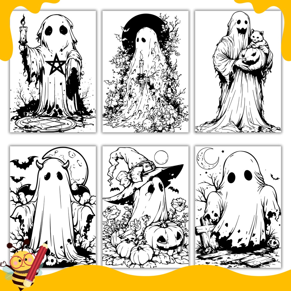 Spooky Ghost Coloring Pages, Cute Halloween Coloring Book, PDF & PNG ...