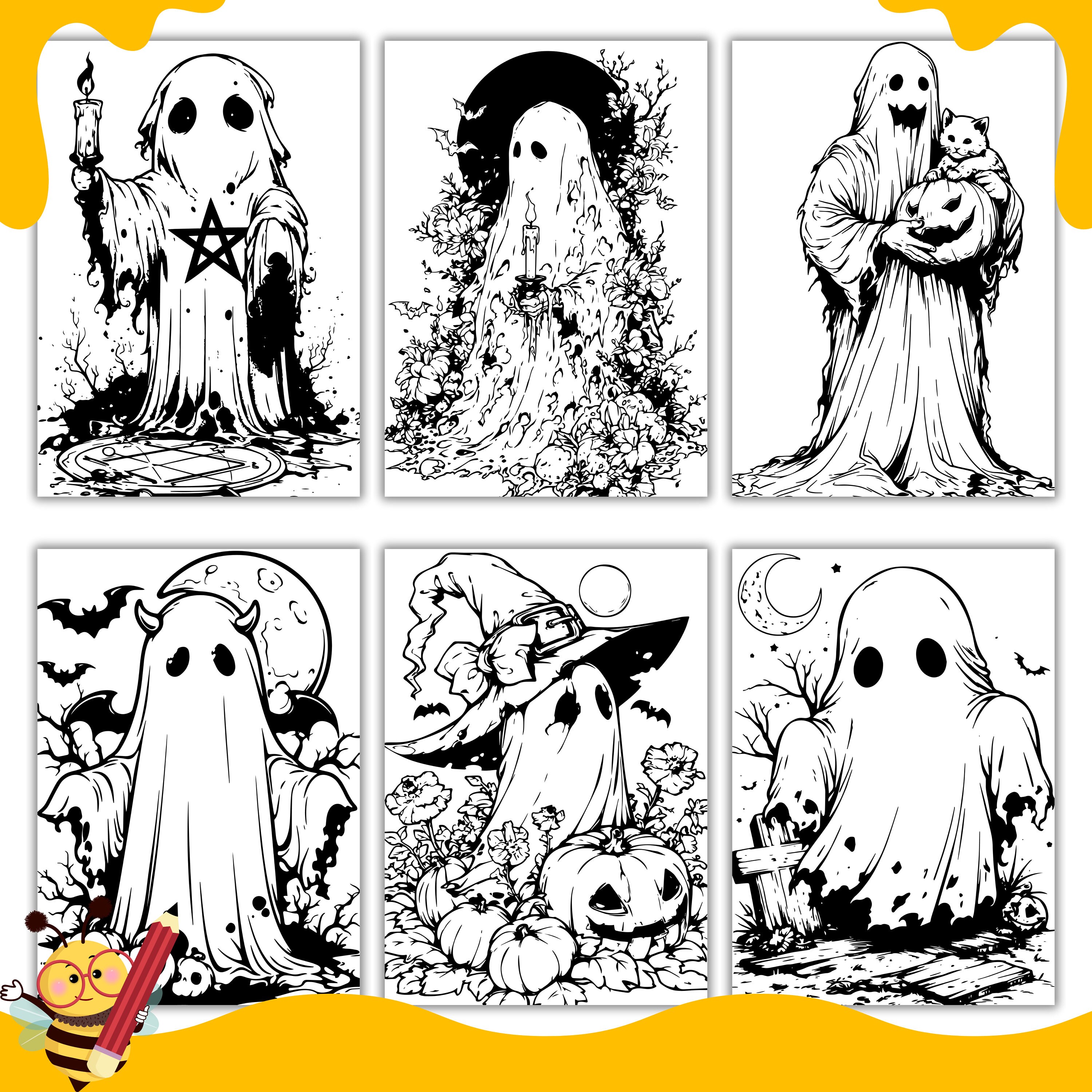 Spooky Ghost Coloring Pages, Cute Halloween Coloring Book, PDF & PNG ...
