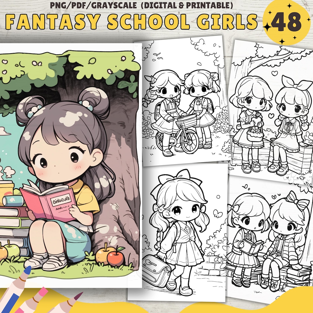 Fantasy School Girl Coloring Pages, Girls Coloring Book, PDF, PNG ...