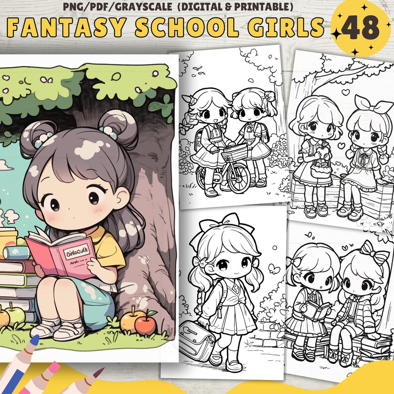 Fantasy School Girl Coloring Pages, Girls Coloring Book, PDF, PNG ...