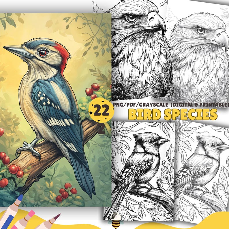 22 Birds Coloring Pages, Coloring Book, PDF, PNG and Grayscale, Adult ...