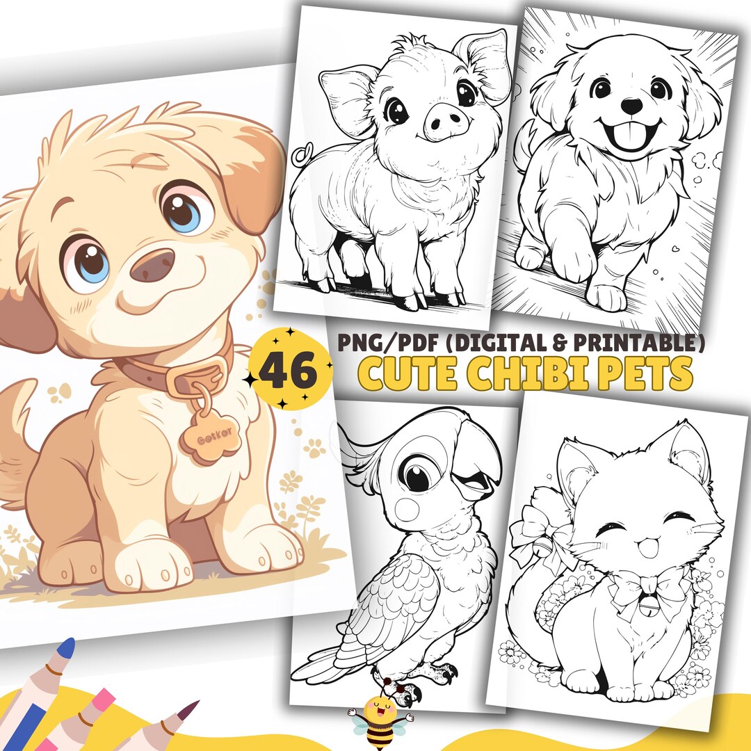 Cute Pets Coloring Pages, Chibi Animals Coloring Book, Kawaii Dog, Cats ...