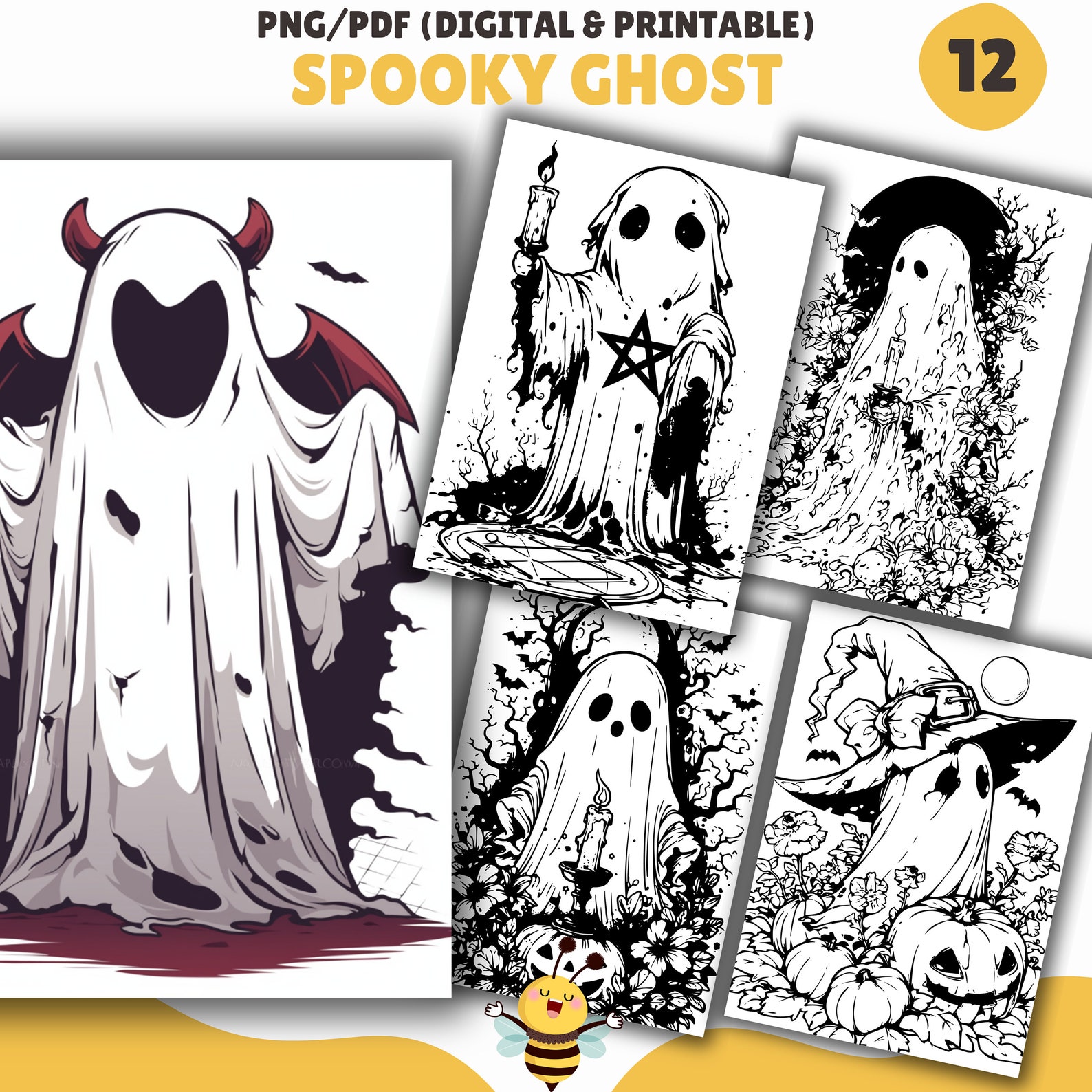 Spooky Ghost Coloring Pages, Cute Halloween Coloring Book, PDF & PNG ...