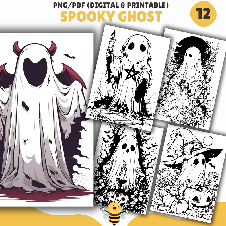 Spooky Ghost Coloring Pages, Cute Halloween Coloring Book, PDF & PNG ...