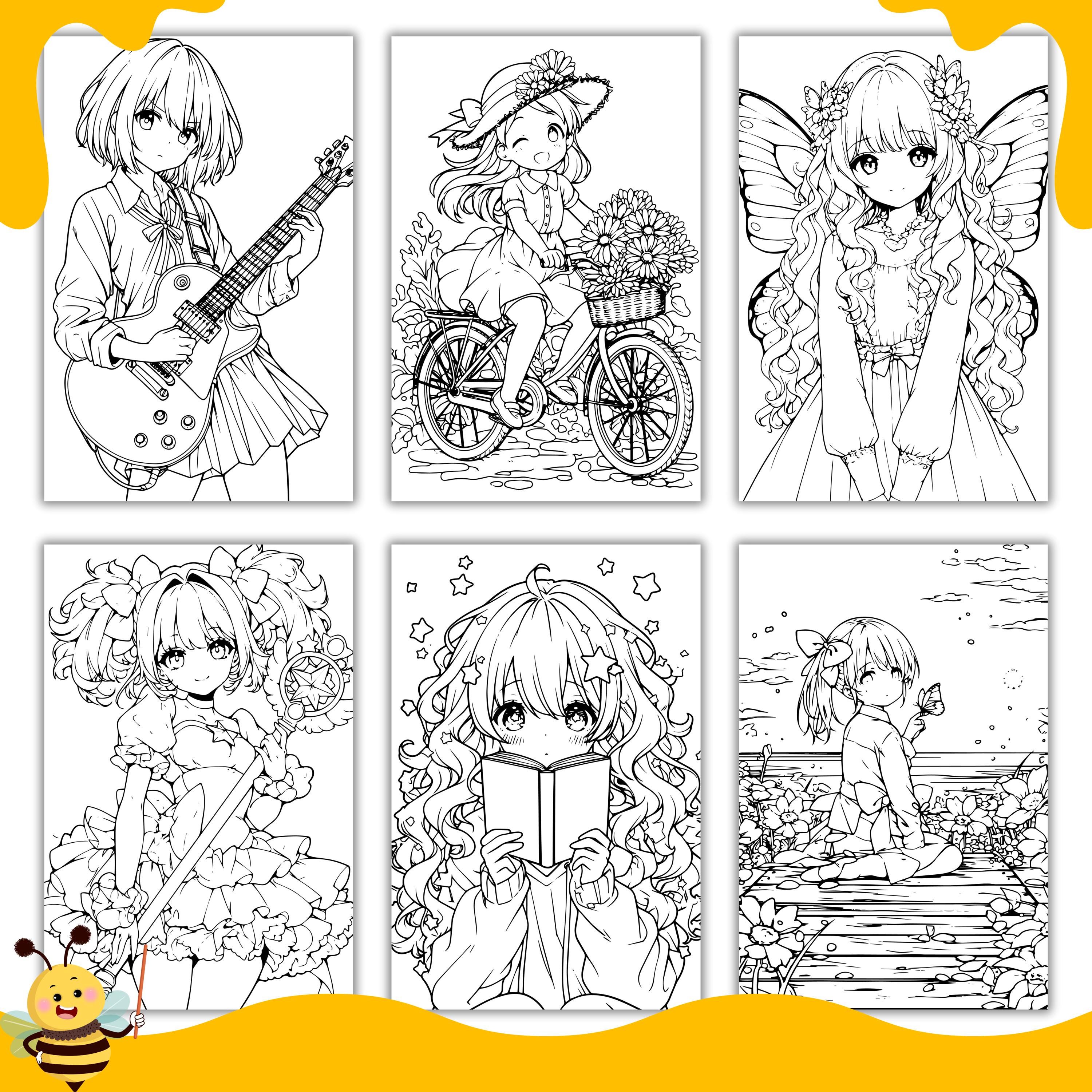 Cute Anime Girls Coloring Pages, Coloring Book, PDF & PNG, Digital and ...