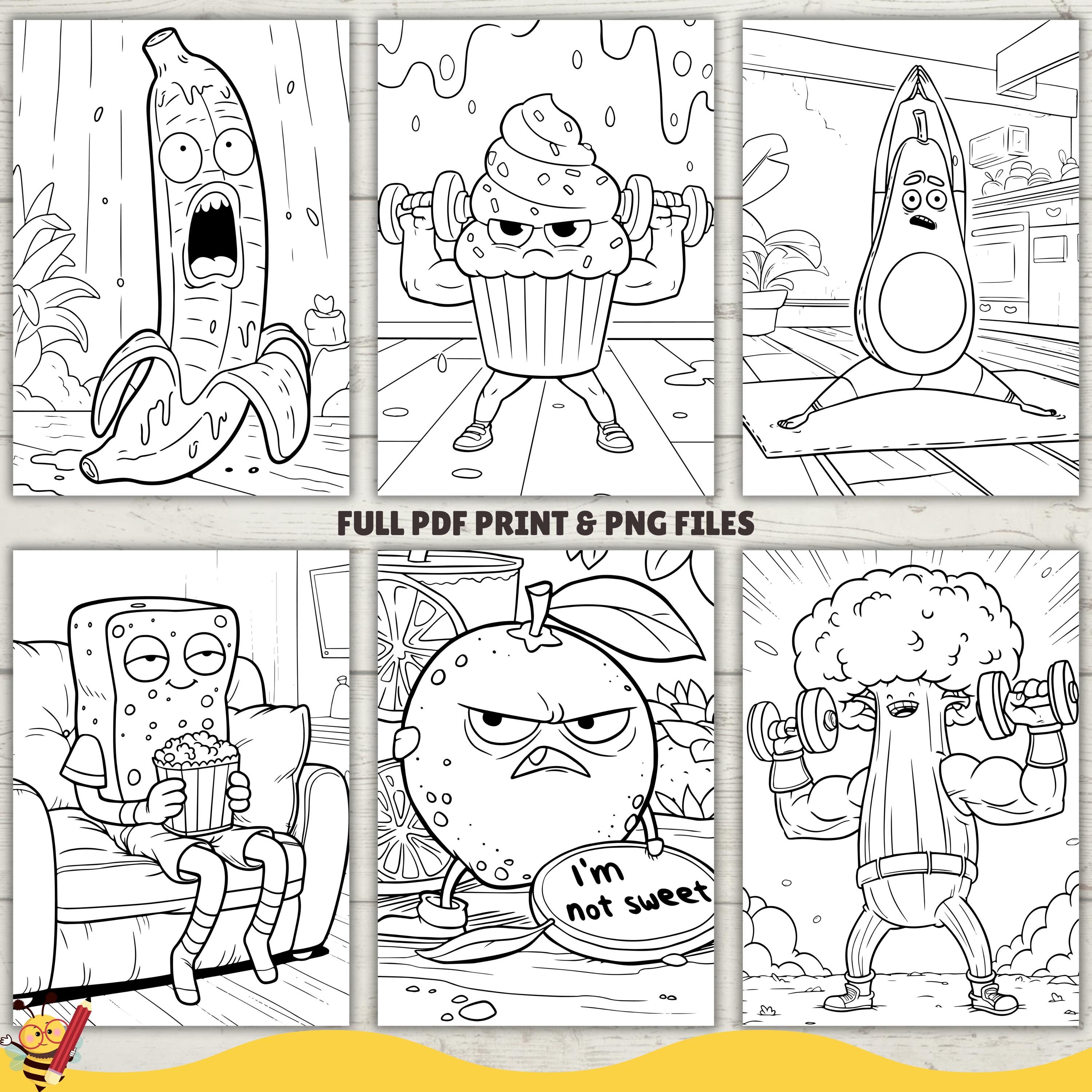 Funny Food Coloring Pages, Digital Coloring Sheets, PDF & PNG ...