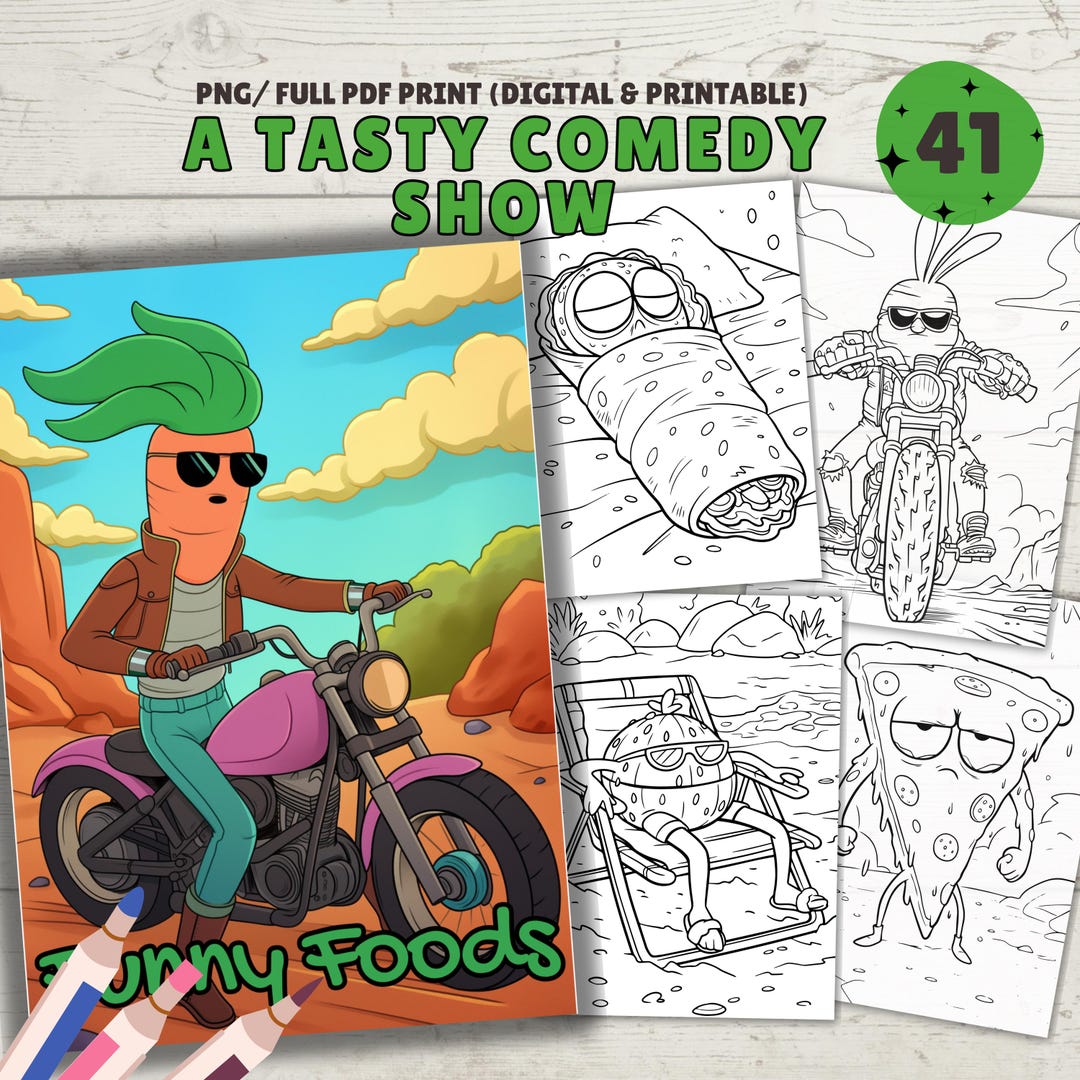 Funny Food Coloring Pages, Digital Coloring Sheets, PDF & PNG ...