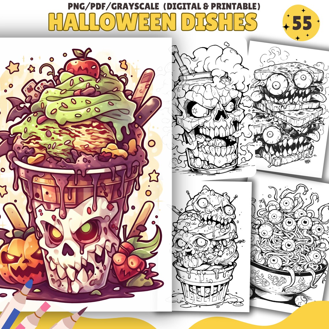 Halloween Dishes Coloring Pages, Horror Food Coloring Book, Scary ...