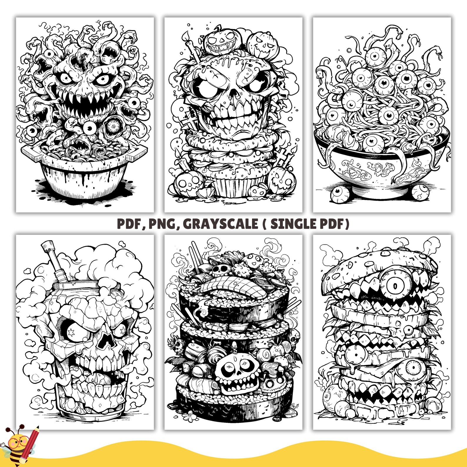 Halloween Dishes Coloring Pages, Horror Food Coloring Book, Scary ...