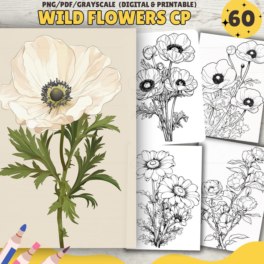 60 Wild Flowers Coloring Pages, Flower Coloring Book, Nature Coloring ...