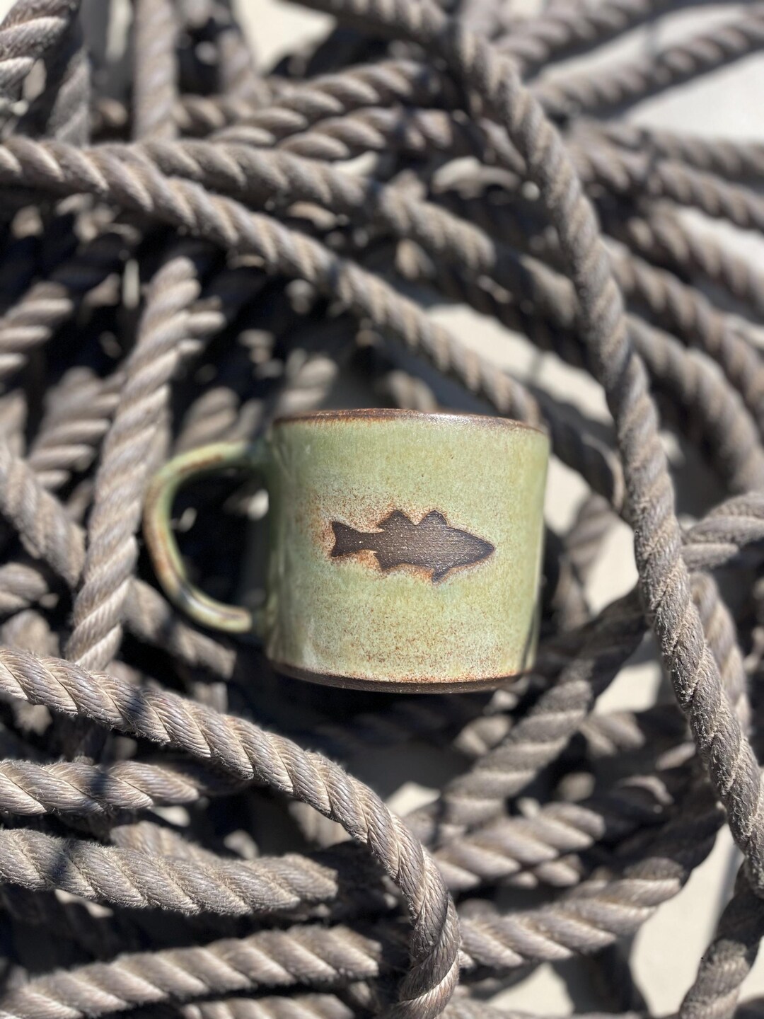 Fish Ceramic Mug | Nautical Green Coffee Cup | Striped Bass | 8oz or 12 ...