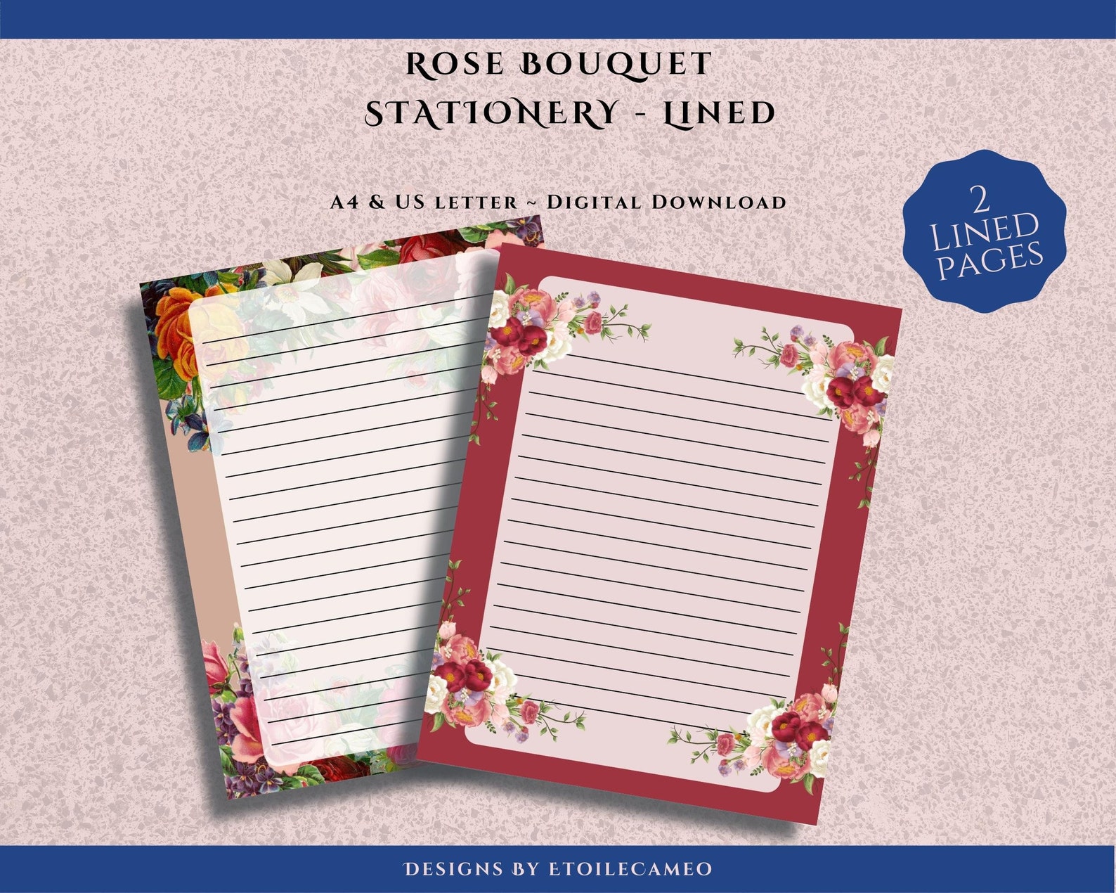 Rose Bouquet Stationery Pack. Floral Printable Stationery Set. | Etsy