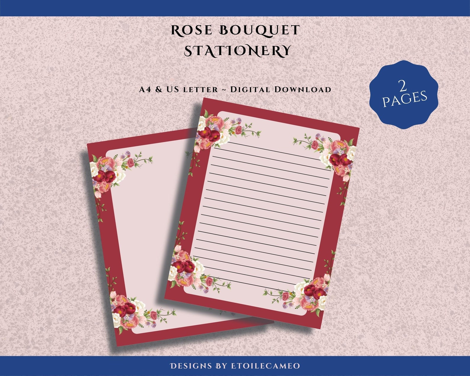 Rose Bouquet Stationery Pack. Floral Printable Stationery Set. | Etsy
