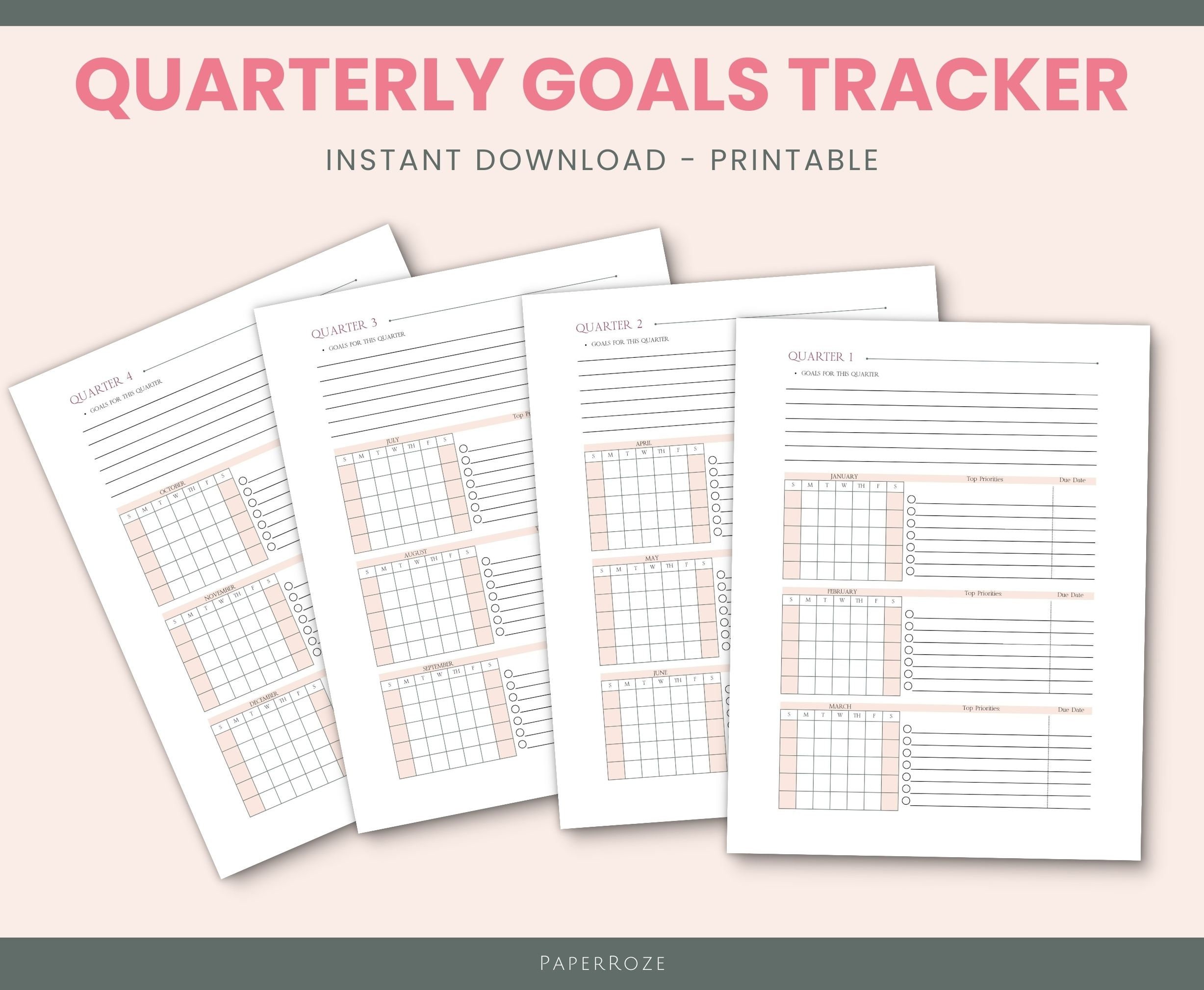 Quarterly Goal Tracker | Printable Goal Planner, Digital Goal Worksheet ...