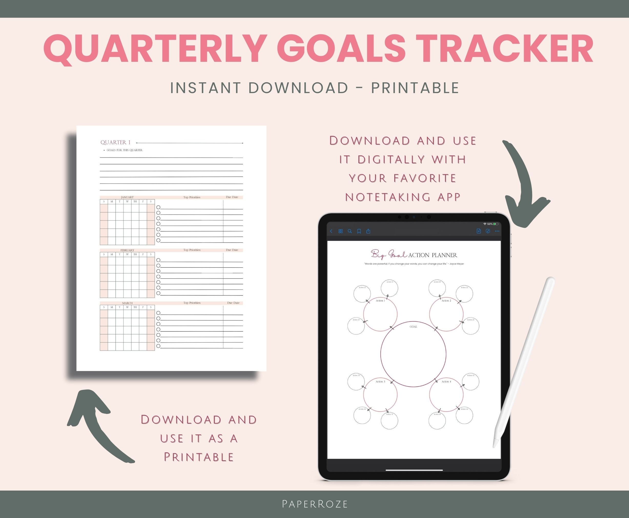 Quarterly Goal Tracker | Printable Goal Planner, Digital Goal Worksheet ...