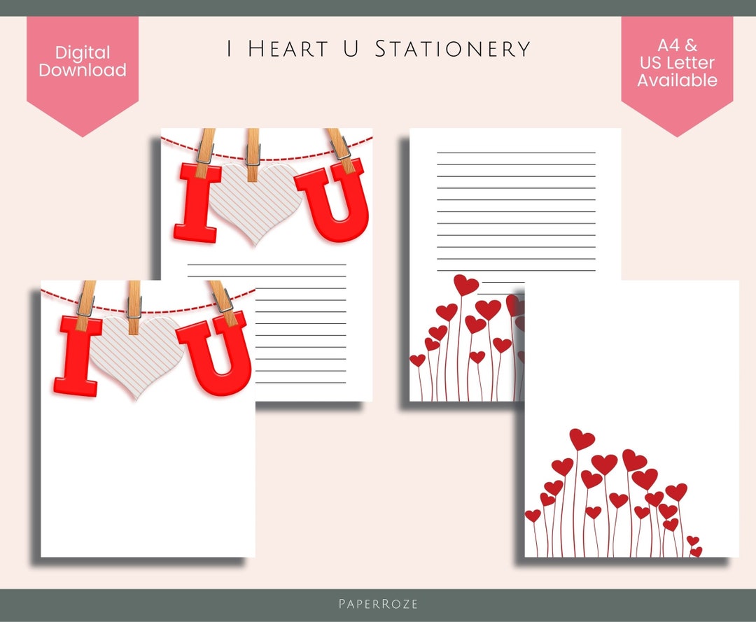 I Heart U Valentines Day Stationery Set. February 14 Love Letter Pack ...