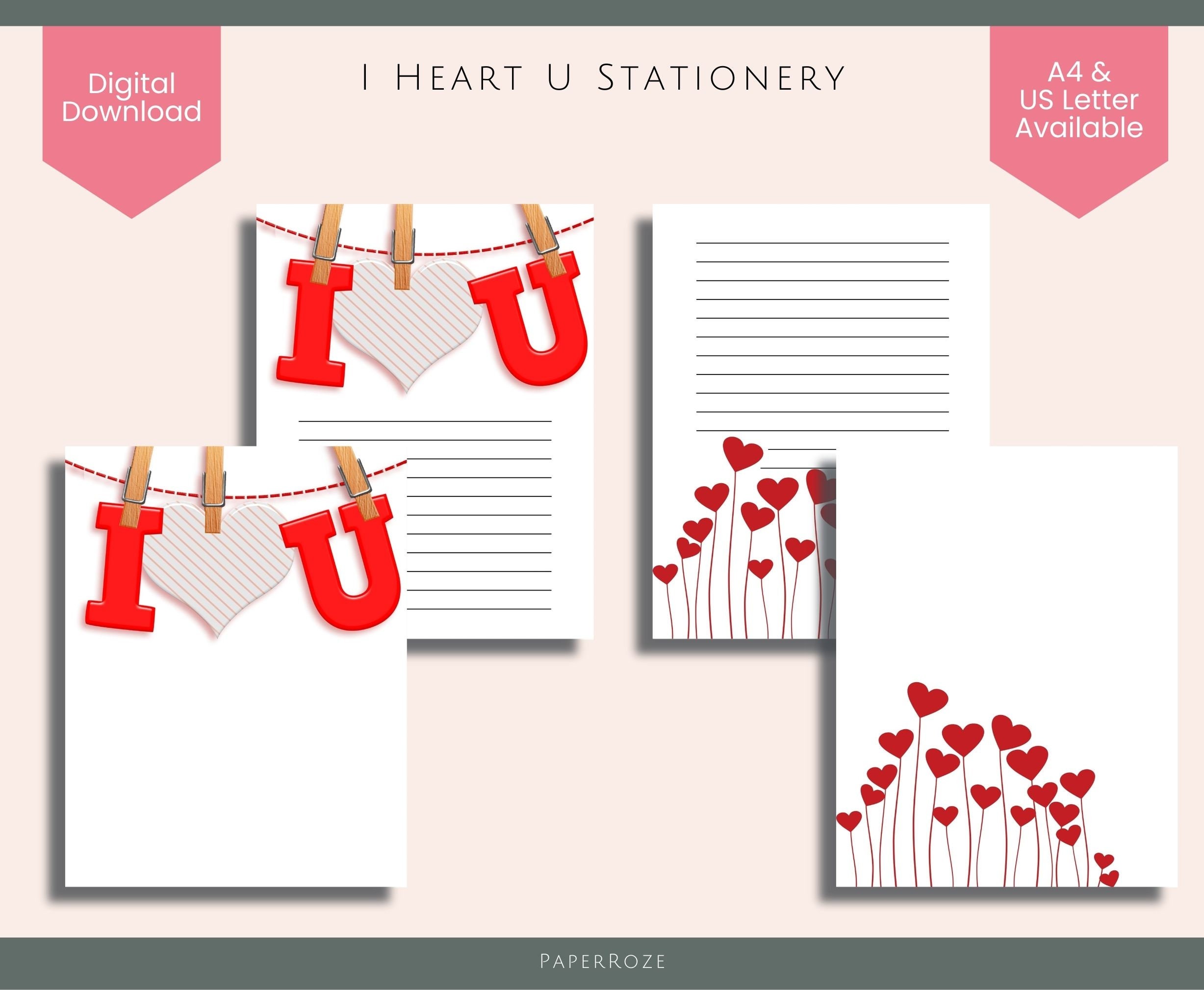 I Heart U Valentines Day Stationery Set. February 14 Love Letter Pack ...
