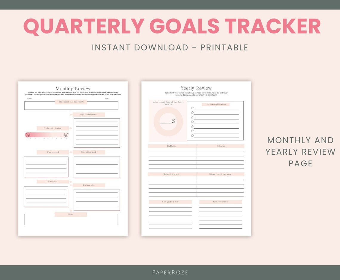 Quarterly Goal Tracker | Printable Goal Planner, Digital Goal Worksheet ...