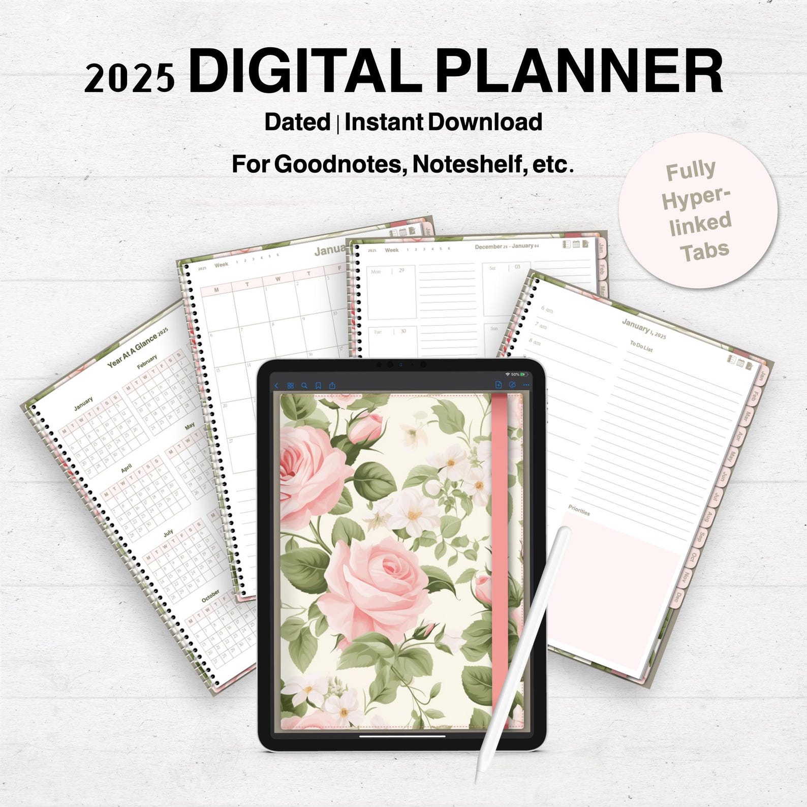 2025 Floral Planner | MONDAY Start | Monthly, Weekly & Daily Planner ...