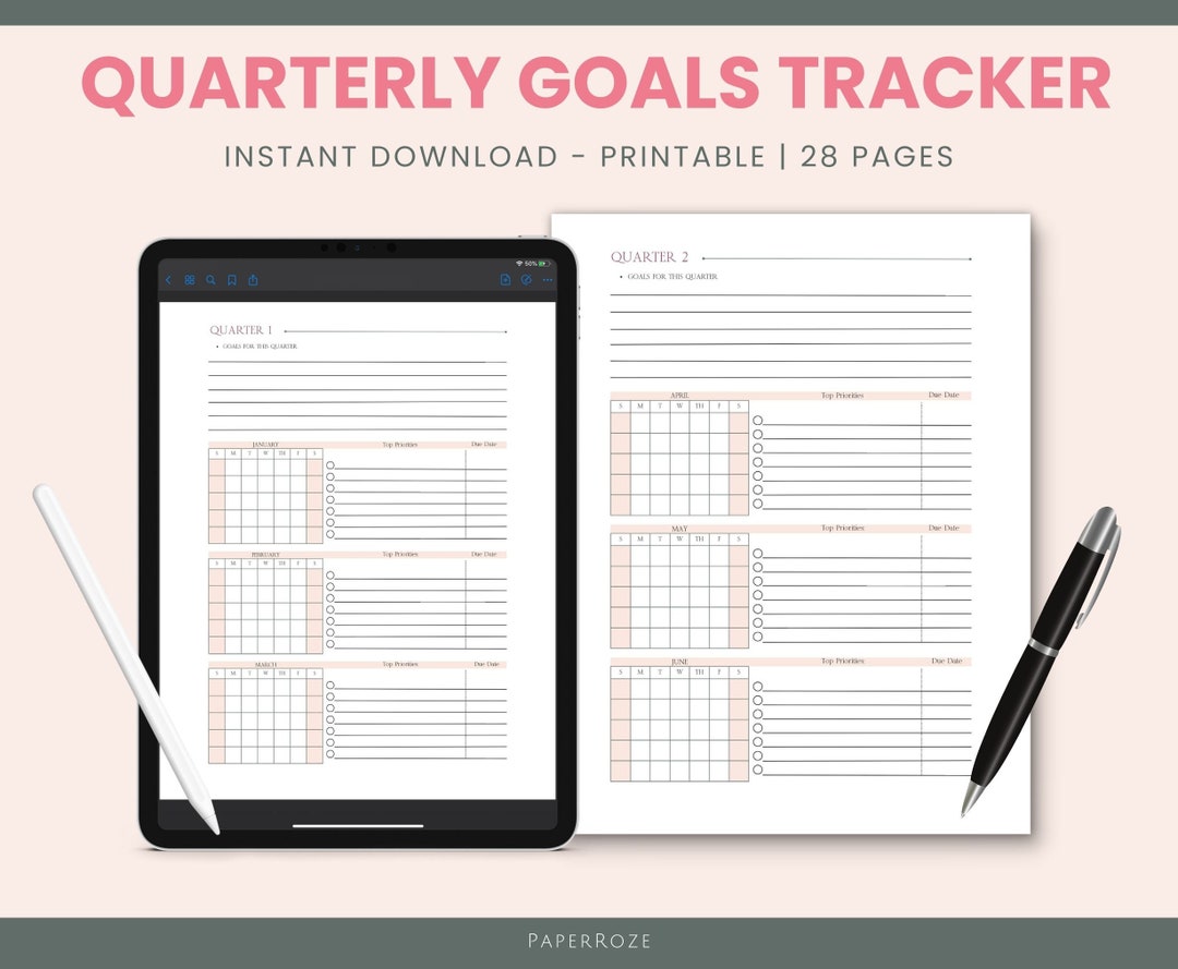 Quarterly Goal Tracker | Printable Goal Planner, Digital Goal Worksheet ...