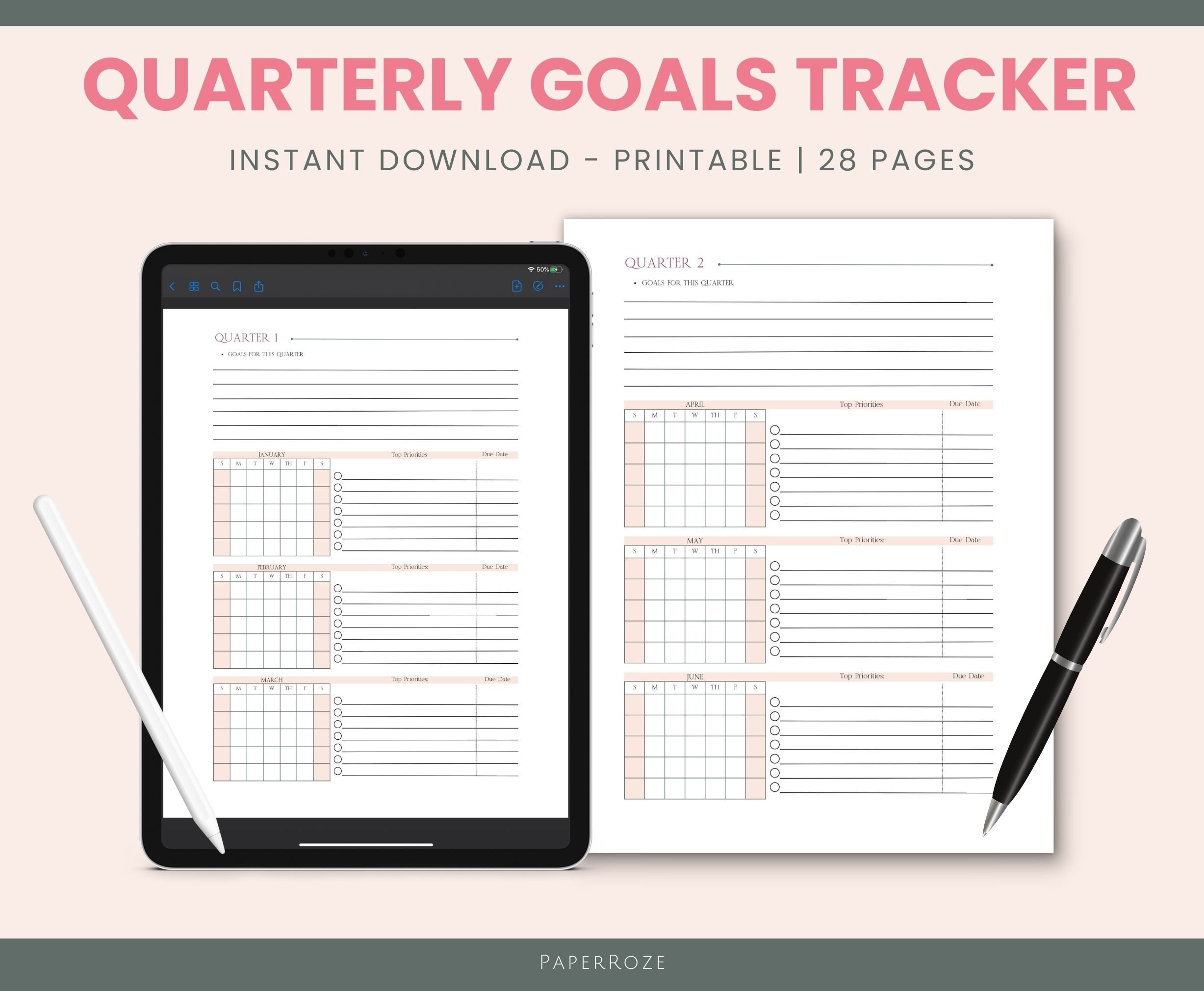 Quarterly Goal Tracker | Printable Goal Planner, Digital Goal Worksheet ...