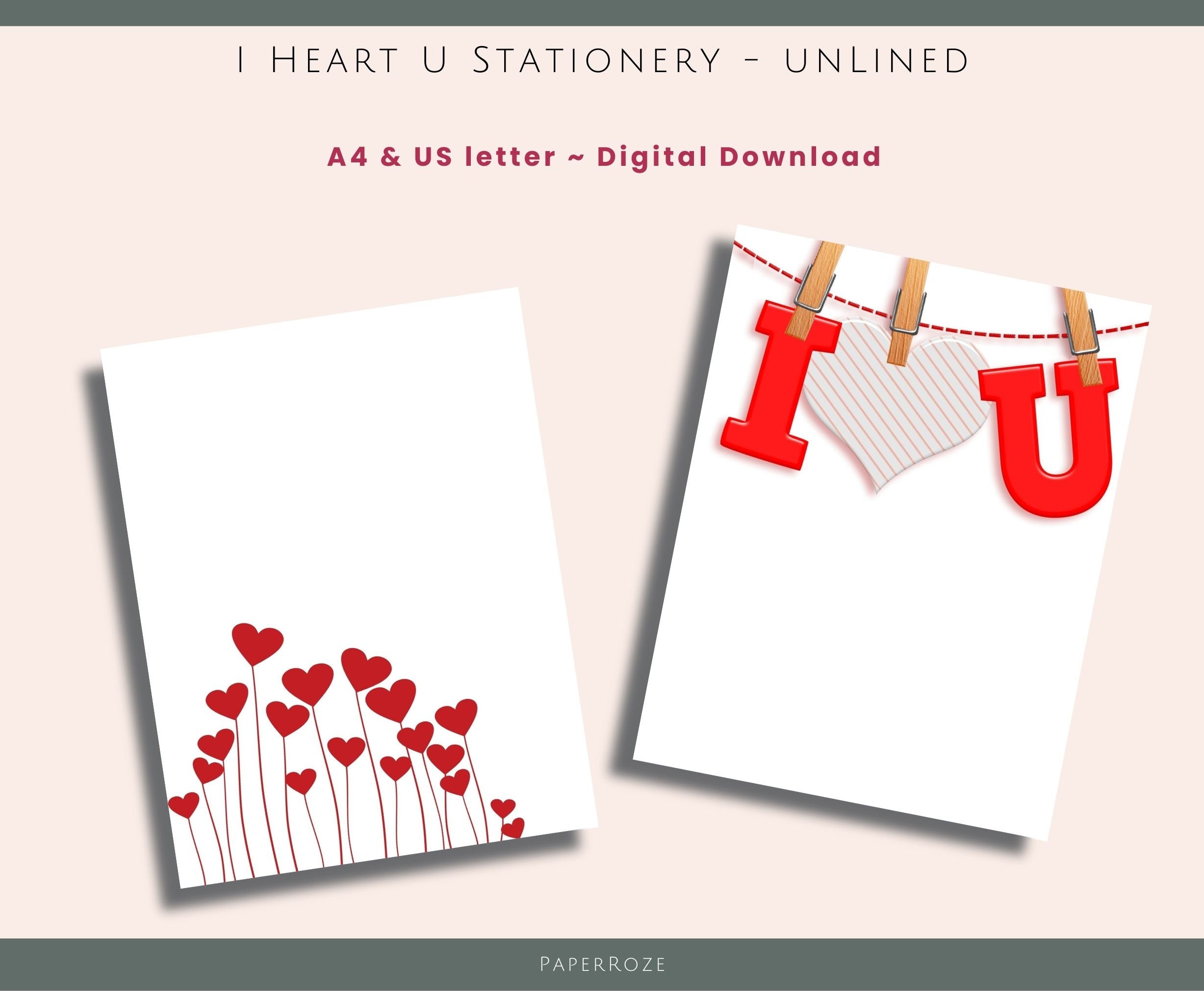 I Heart U Valentines Day Stationery Set. February 14 Love Letter Pack ...