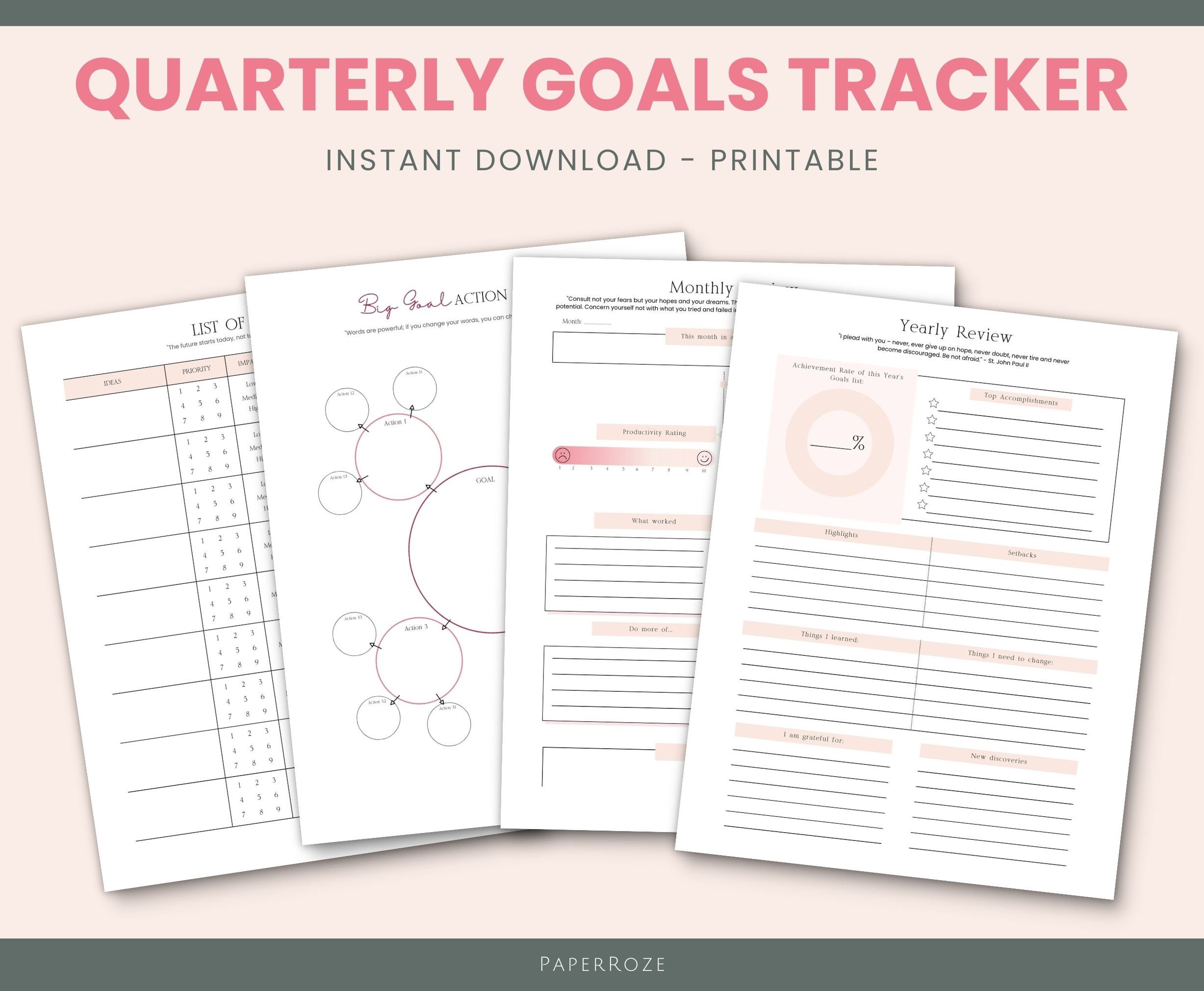 Quarterly Goal Tracker | Printable Goal Planner, Digital Goal Worksheet ...