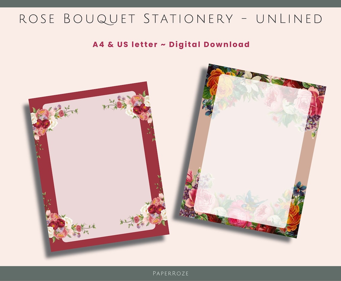 Rose Bouquet Stationery Pack. Floral Printable Stationery Set. Red Rose ...