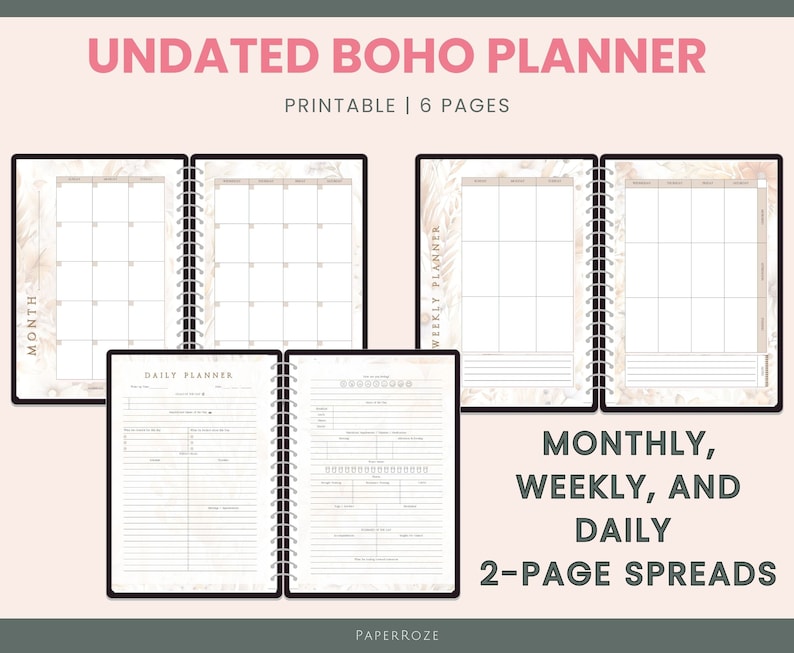 Undated Boho Planner | Printable Planner, Digital Everyday Plan ...
